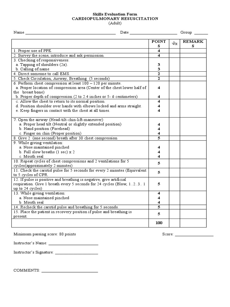 Skills Evaluation Form Cardiopulmonary Resuscitation | PDF