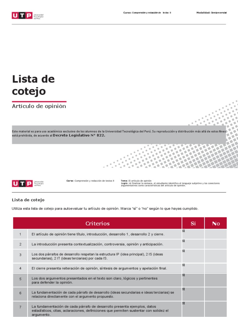 Semana 6 - Lista de Cotejo para Artículo de Opinión | PDF