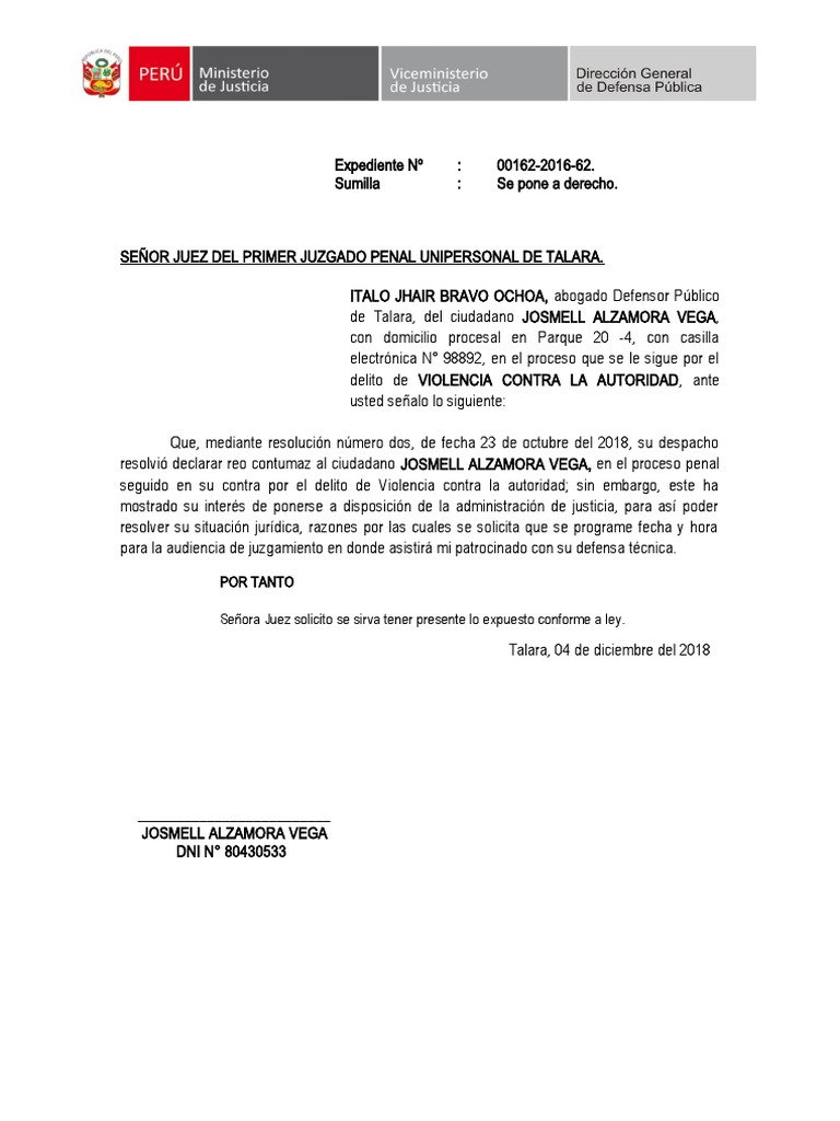 Escrito Poniendo A Derecho A Un Contumaz | PDF