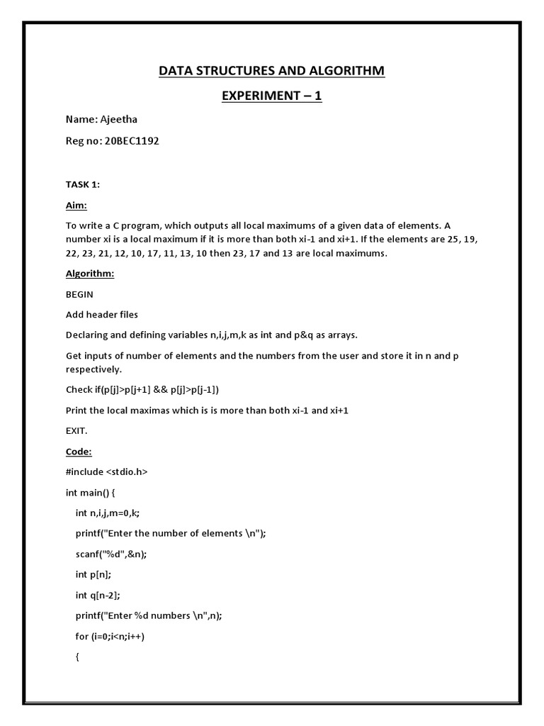 Data Structures and Algorithm Experiment - 1: Name: Ajeetha Reg No: 20BEC1192 | PDF | Software ...