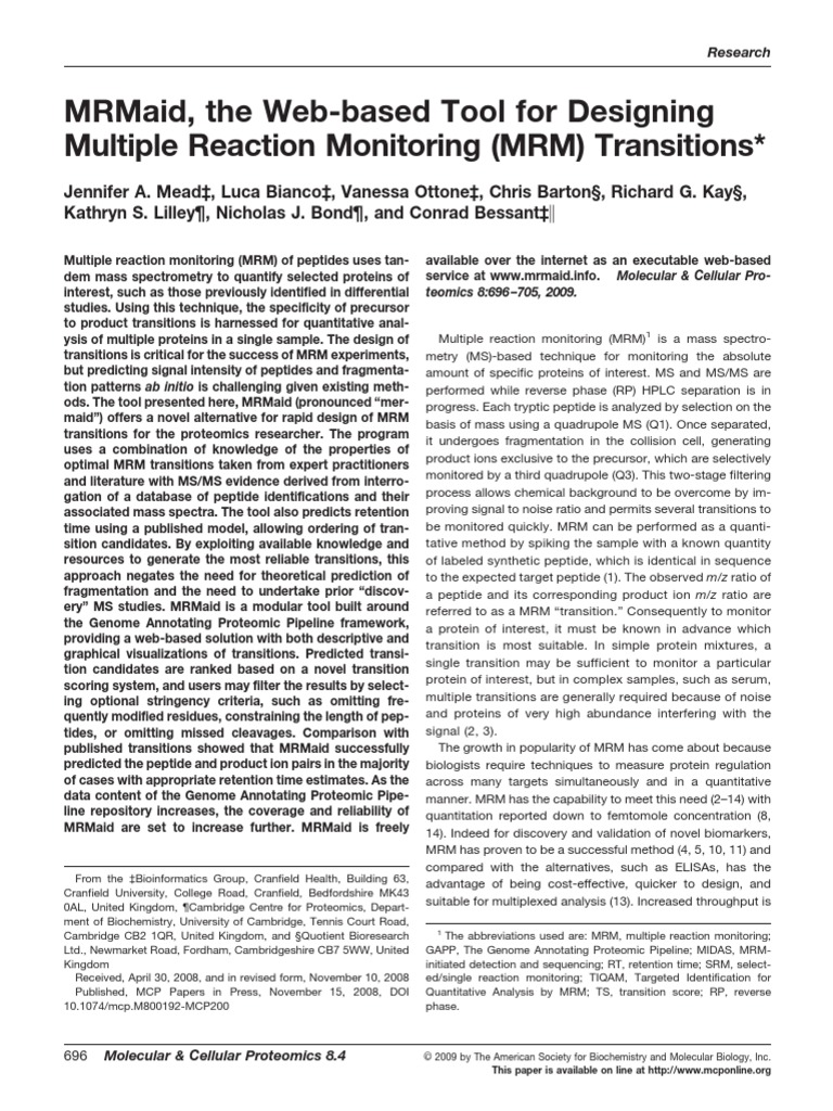 Multiple Reaction Monitoring (MRM) Transition | PDF | Tandem Mass Spectrometry | Proteomics