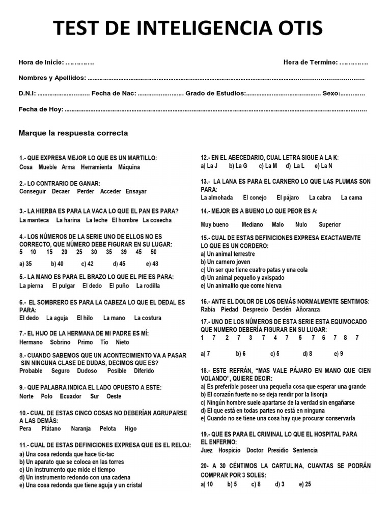 Test de Inteligencia Otis: Formato y Evaluación | PDF