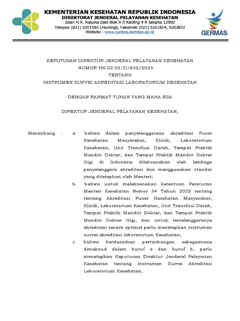 Kepdirjen Yankes No 632 TH 2023 TTG Instrumen Survei Akreditasi Labkes ...