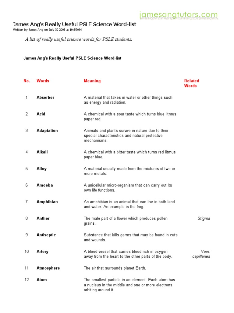 James Ang's Really Useful PSLE Science Word-List | PDF | Heat Transfer ...