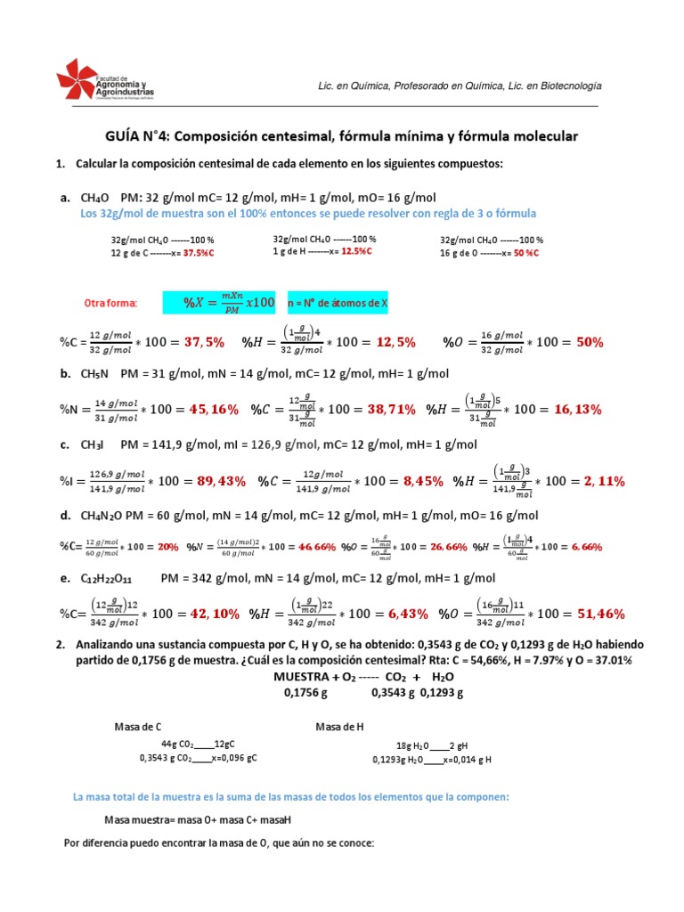 Solución Guía de Problemas #4 Composición Centesimal, Fórmula Mínima y ...