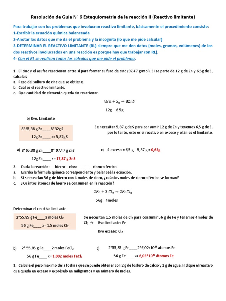 Solución Guía de Problemas #6 Estequiometria de La Reacción II Pureza y Rendimiento | PDF ...