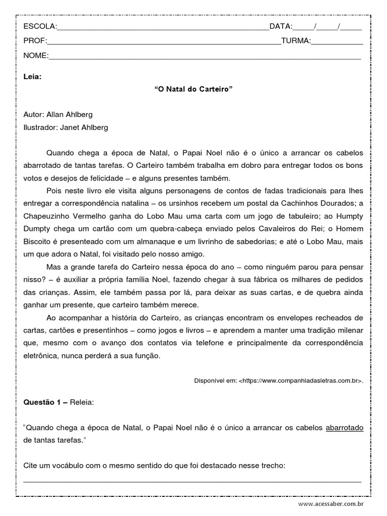 Interpretacao de Texto O Natal Do Carteiro 5o Ano PDF | PDF | Natal