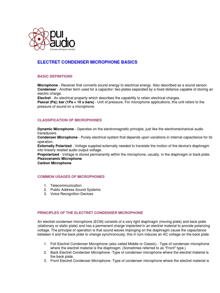 Pui Audio Electret Condenser Microphone Basics | PDF
