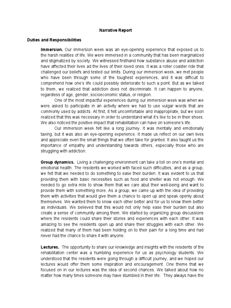 Draft Narrative Report | PDF | Drug Rehabilitation | Psychotherapy
