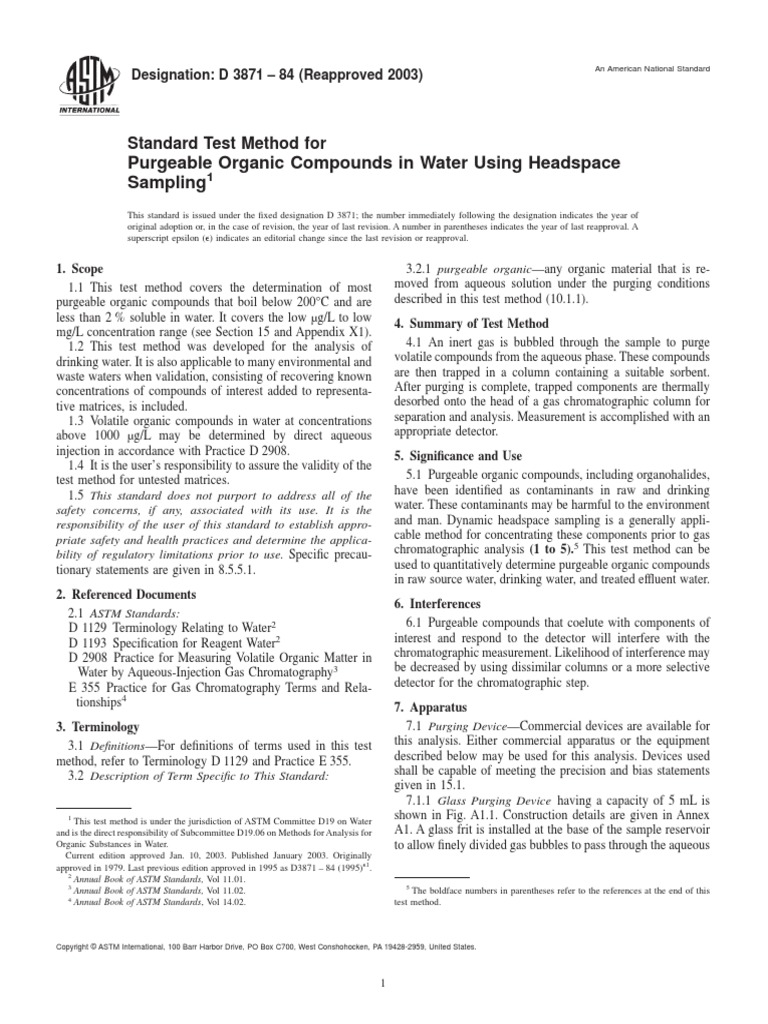Purgeable Organic Compounds in Water Using Headspace Sampling | PDF ...