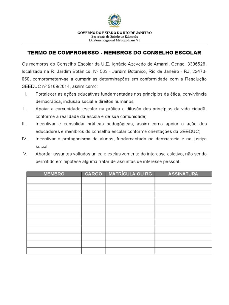 Modelo - Termo de Compromisso Membros Do Conselho Escolar | PDF Modelo - Termo de Compromisso Membros Do Conselho Escolar | PDF