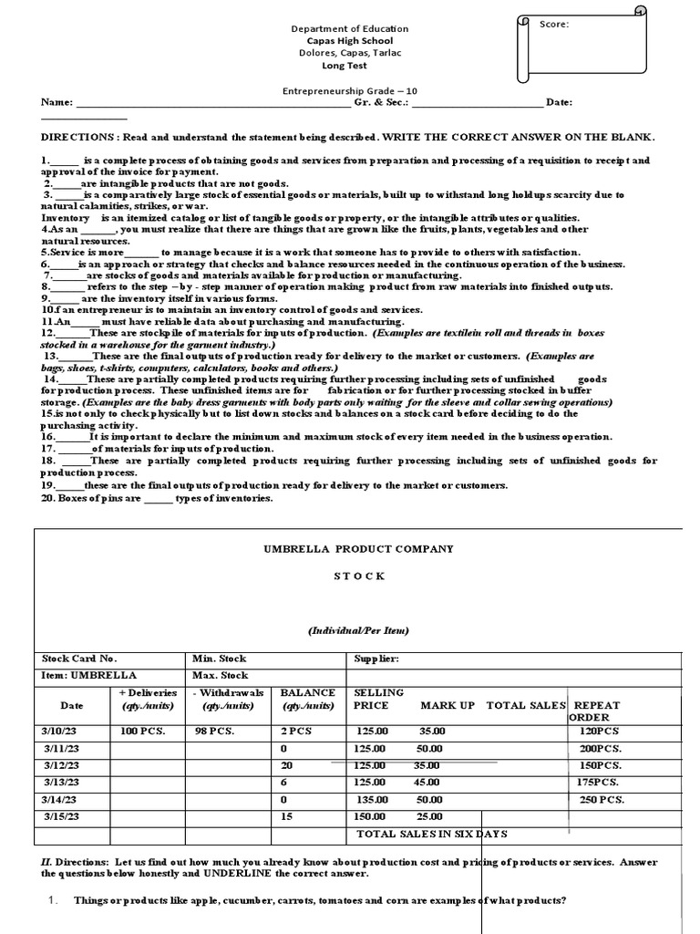 Long Test Entrep 3rd Grading | PDF | Goods | Inventory
