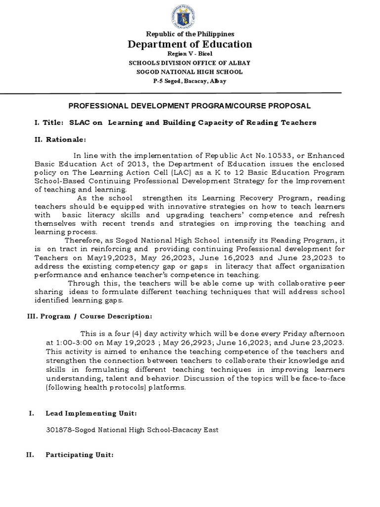 Proposal For Lac Session | PDF | Lesson Plan | Learning