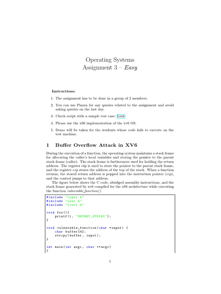 Operating Systems Assignment 3 - Easy: 1 Buffer Overflow Attack in XV6 | PDF | Computers