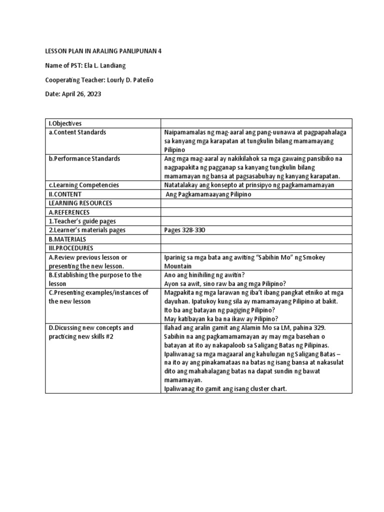 Lesson Plan in Araling Panlipunan 4 | PDF