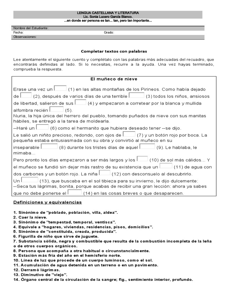 Completar Textos Muñeco de Nieve | PDF