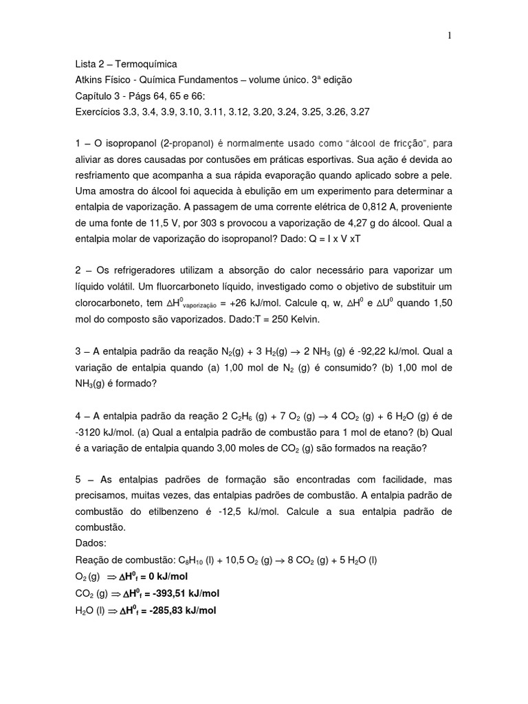 Lista de Exercícios 2 - Termoquímica | PDF | Entalpia | Combustão