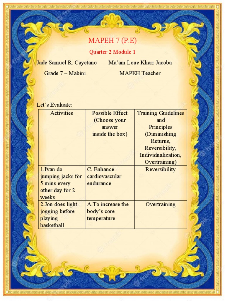 MAPEH 7 Q2 M1 (PE Lets Evaluate) | PDF