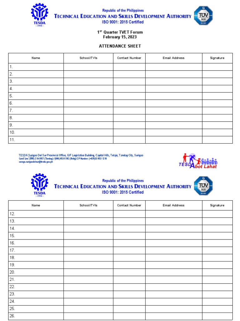 TESDA Surigao Del Sur 1st Quarter 2023 TVET Forum Attendance Sheet | PDF