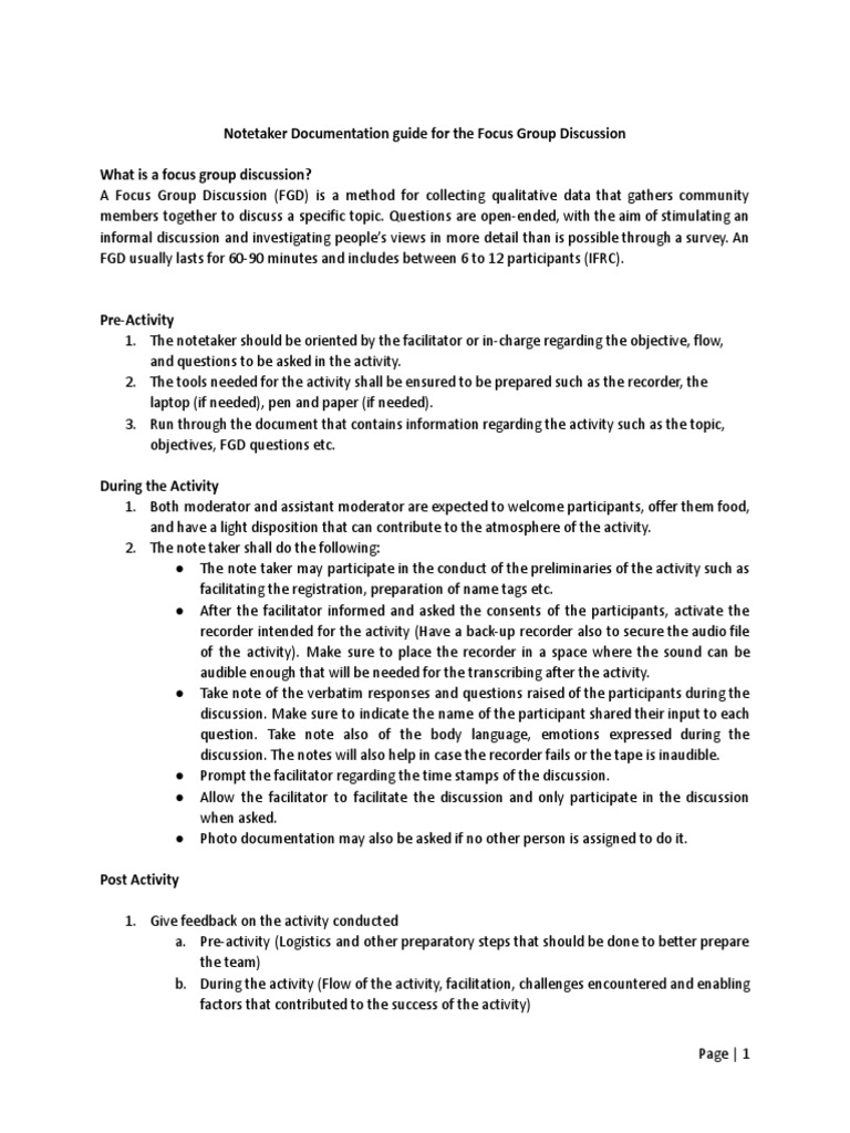 Notetaker Documentation Guide For The Focus Group Discussion | PDF ...