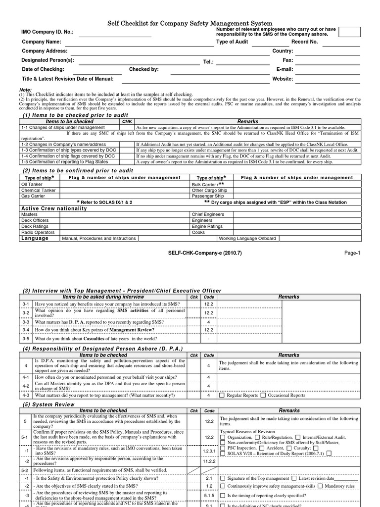 Self Checklist For Company Safety Management System | PDF | Ships ...