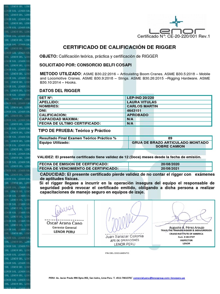Certificado RIGGER CARLOS LAURA REV.1 | PDF