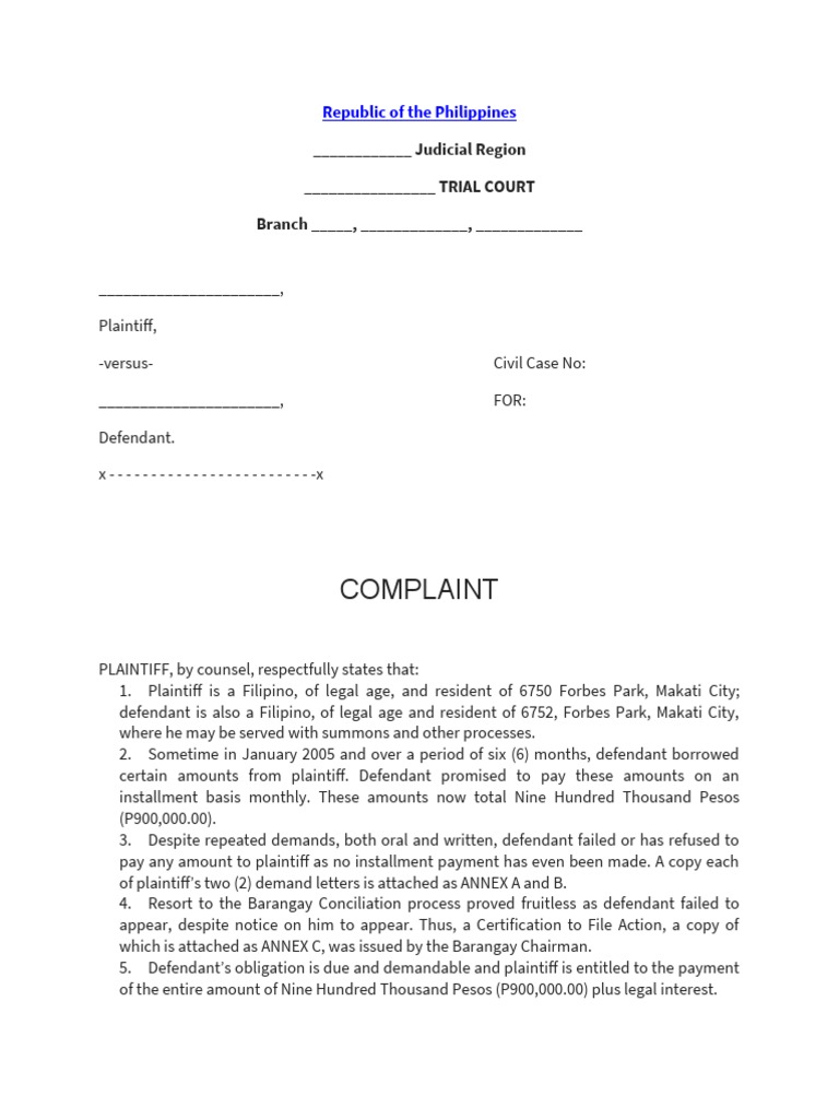 Complaint for Collection of Debt | PDF | Lawsuit | Separation Of Powers