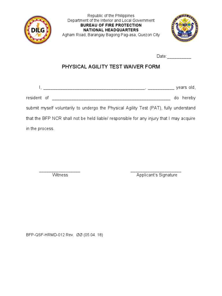 BFP Physical Agility Test Waiver Form | PDF
