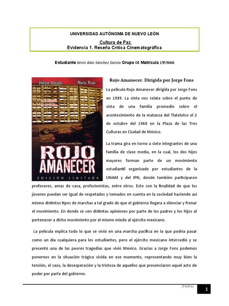 Reseña Crítica Cinematográfica. Rojo Amanecer | PDF | México
