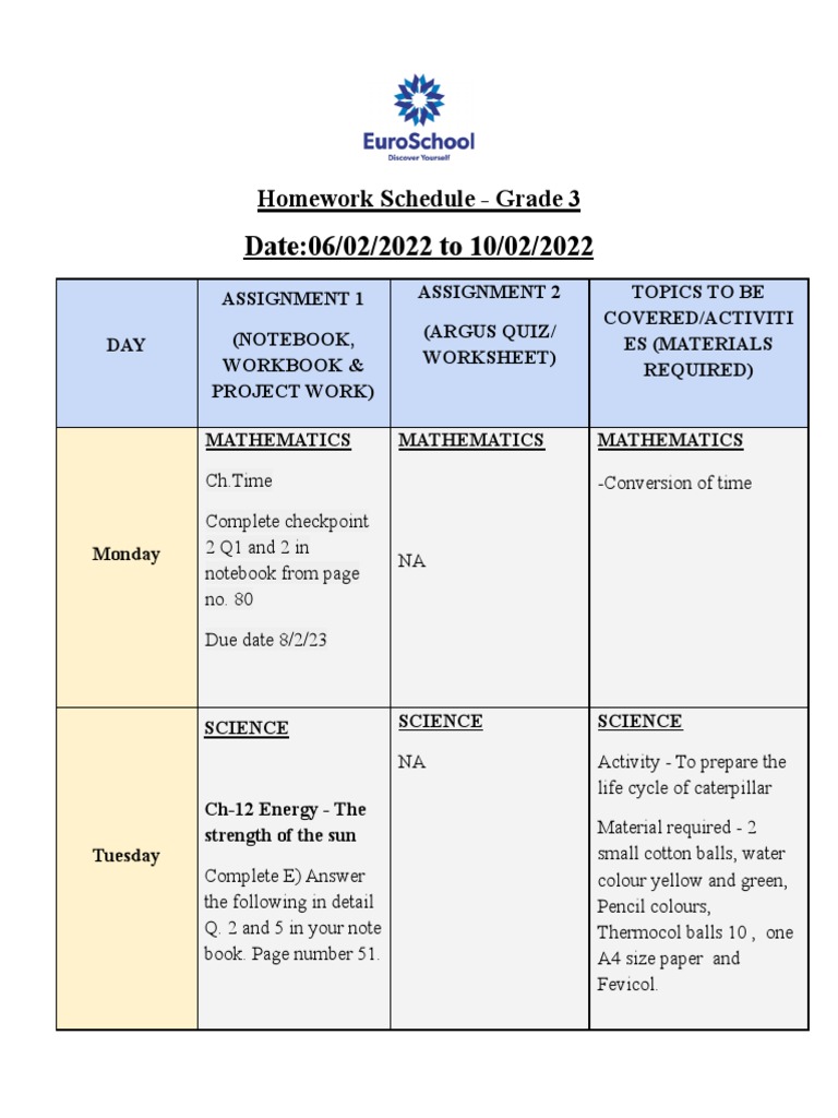 Grade 3 Homework Schedule: Feb 2023 | PDF | Learning | Pedagogy