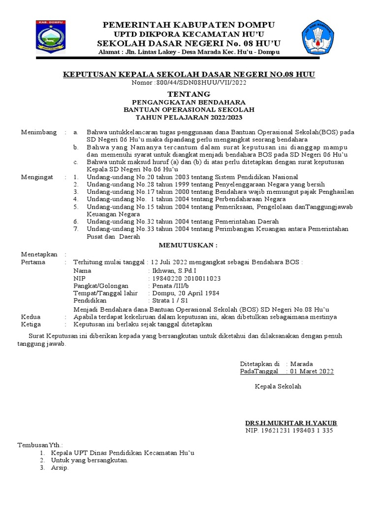 Contoh SK Bendahara Sekolah | PDF
