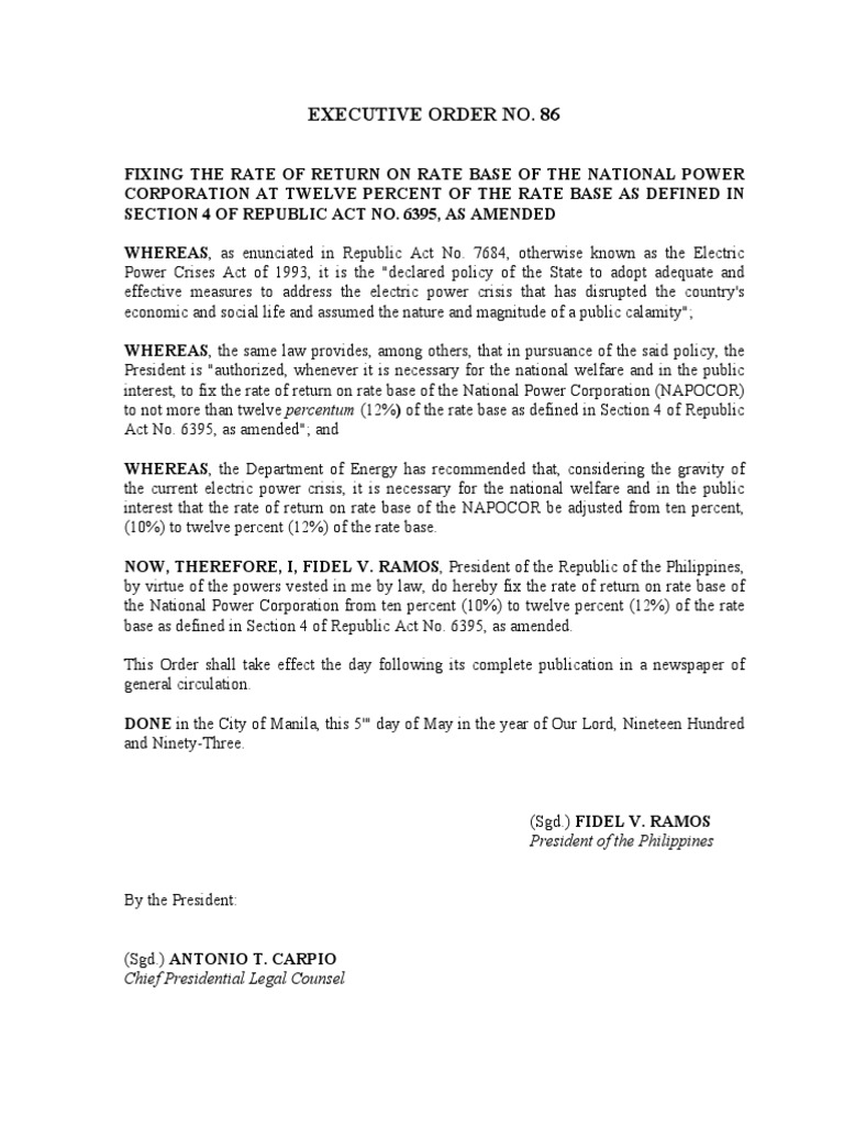 Executive Order No. 86: President of The Philippines | PDF