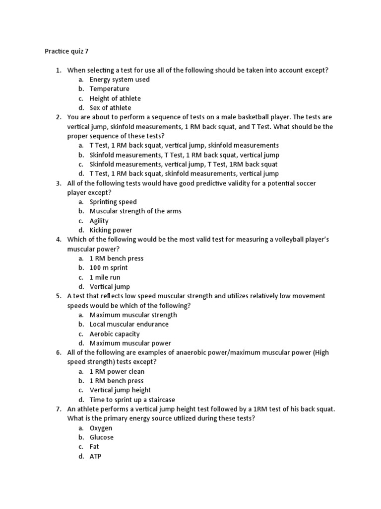 Sports Performance Testing Quiz | PDF