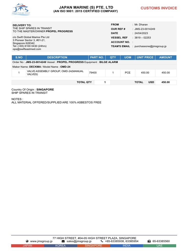 Customs Invoice - JMS-23-0014249 | PDF
