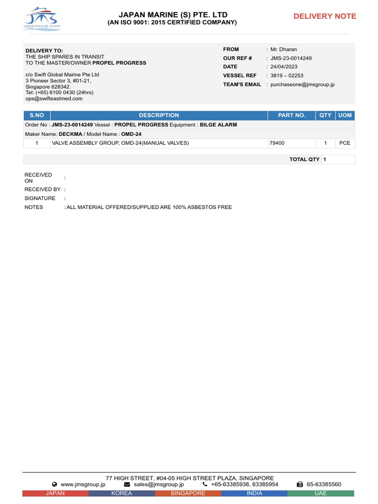JMS Shipping Delivery Note for Propel Progress | PDF | Business ...