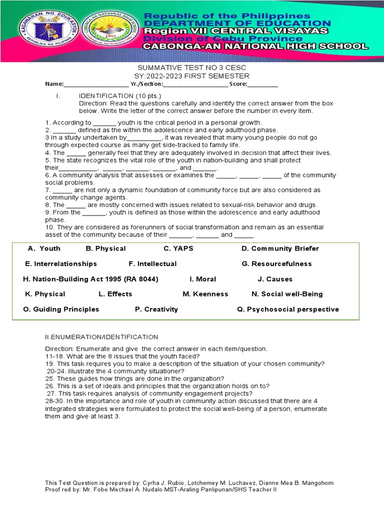 CESC Summative Test No.3 | PDF