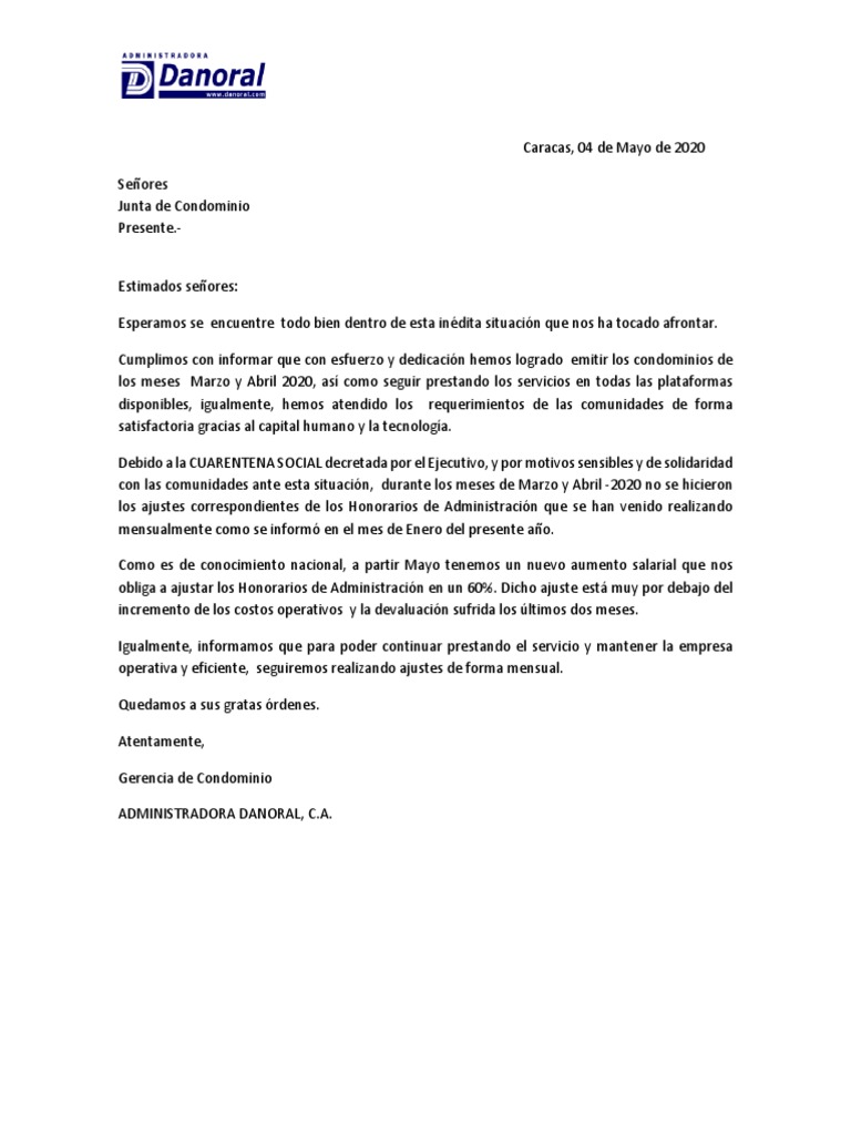 CARTA INCREMENTO Ajuste Honorarios MAYO-2020 | PDF