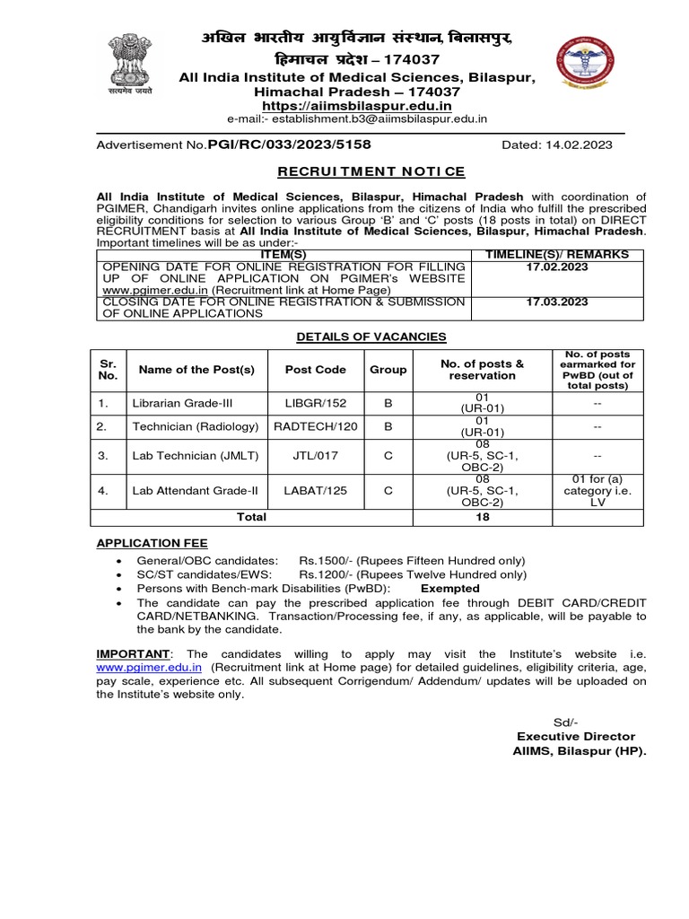 Advt. Notice AIIMS Bilaspur - Doc17feb2023122136 | PDF | Service Industries