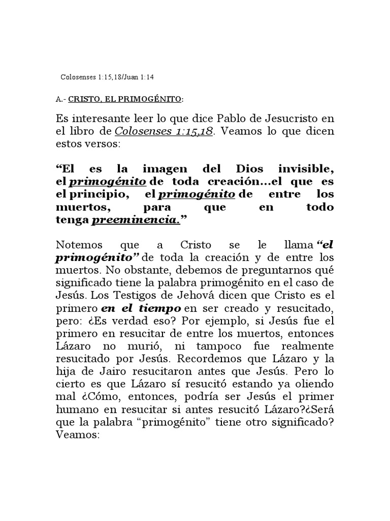 Primogénito" de Toda La Creación y de Entre Los | PDF | Jesús | Cristo ...