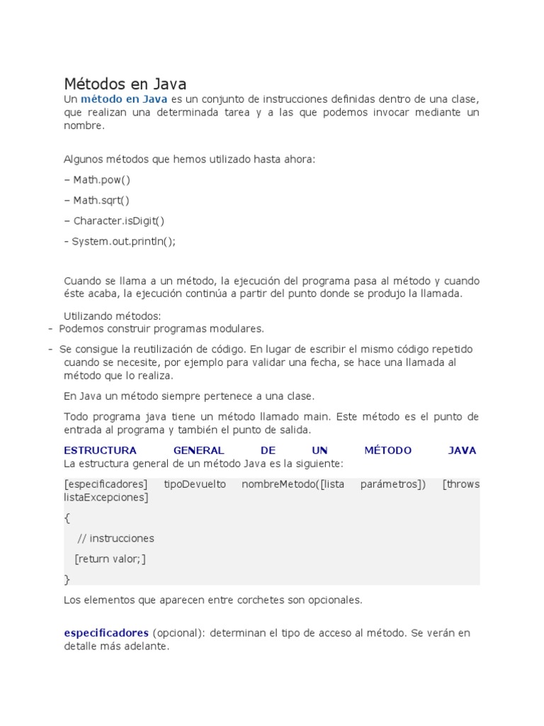Método en Java | PDF | Java (lenguaje de programación) | Método (programación de computadora)