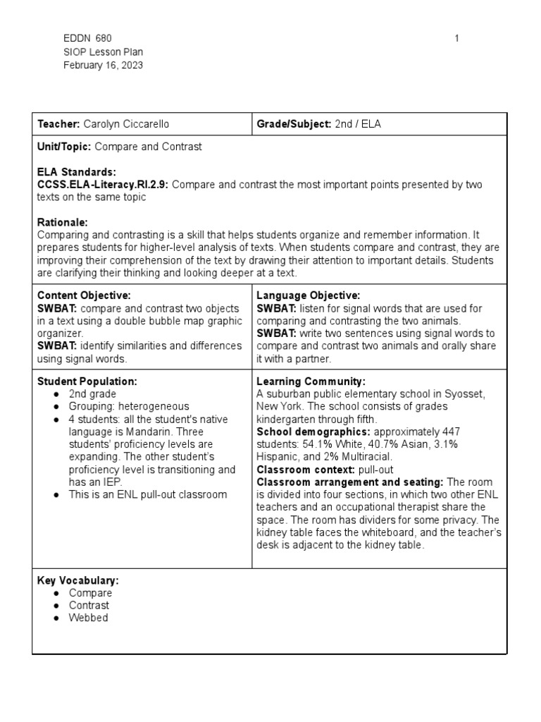 2nd Grade ELA Compare and Contrast Lesson | PDF | Lesson Plan | Question