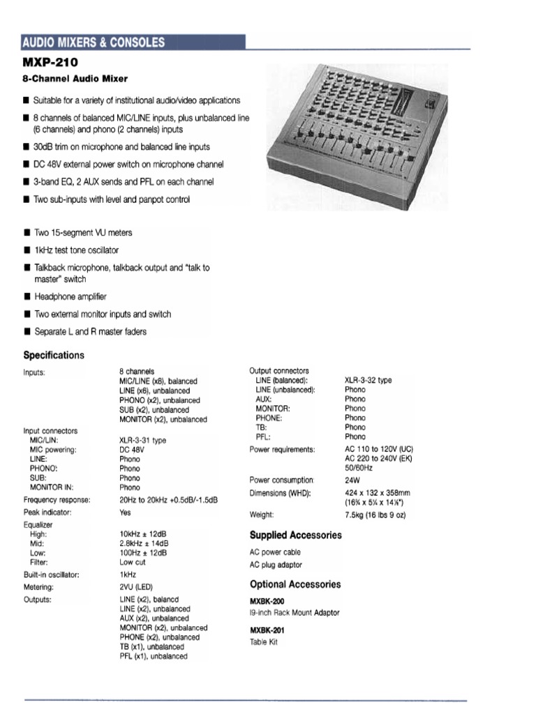 8-Channel Audio Mixer with Balanced Mic/Line Inputs, Equalization Controls, and Monitoring ...