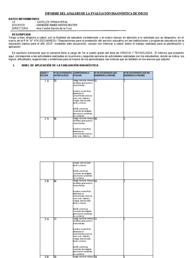 Informe Del Analisis de La Evaluacion Diagnostica de Inicio 1 | PDF | Evaluación | Aprendizaje