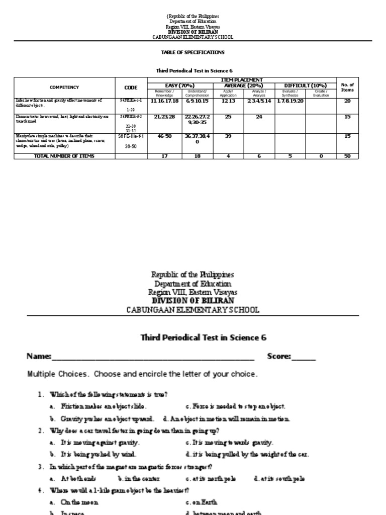 3RD PT Science 6 | PDF | Friction | Force
