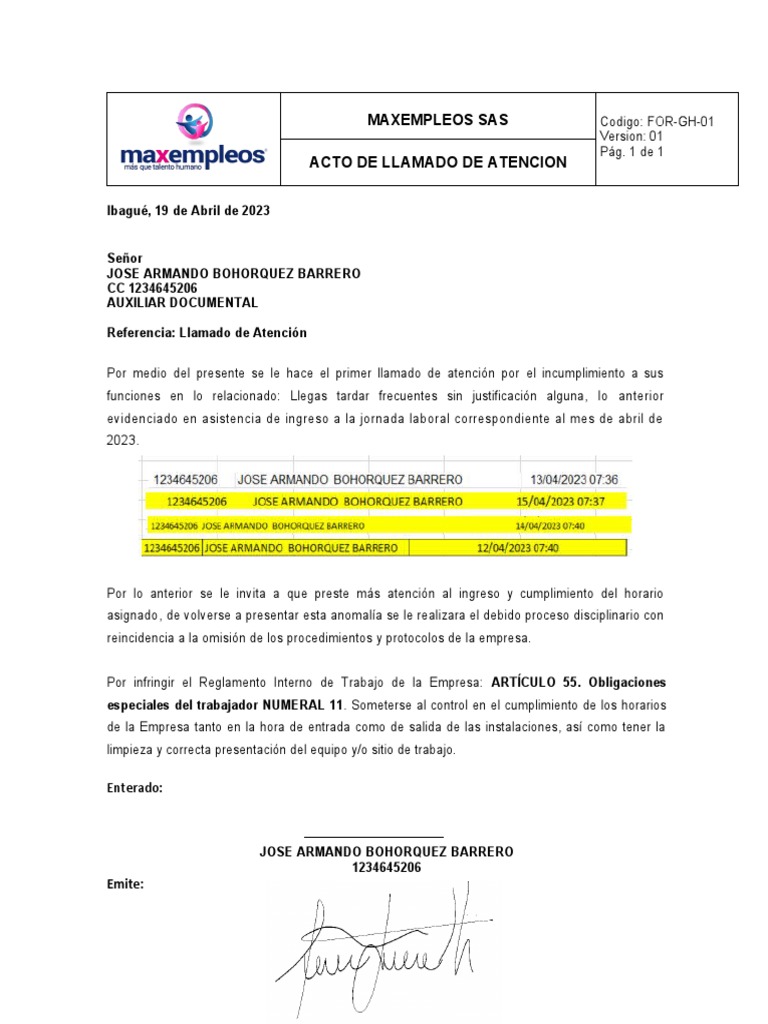 Llamado de Atencion Por Llegadas Tarde | PDF