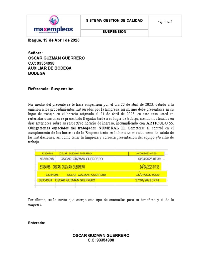 Suspension Por Llegada Tarde | PDF