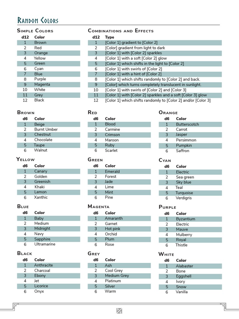 Random Tables - Colors | Download Free PDF | Color | Artistic Techniques