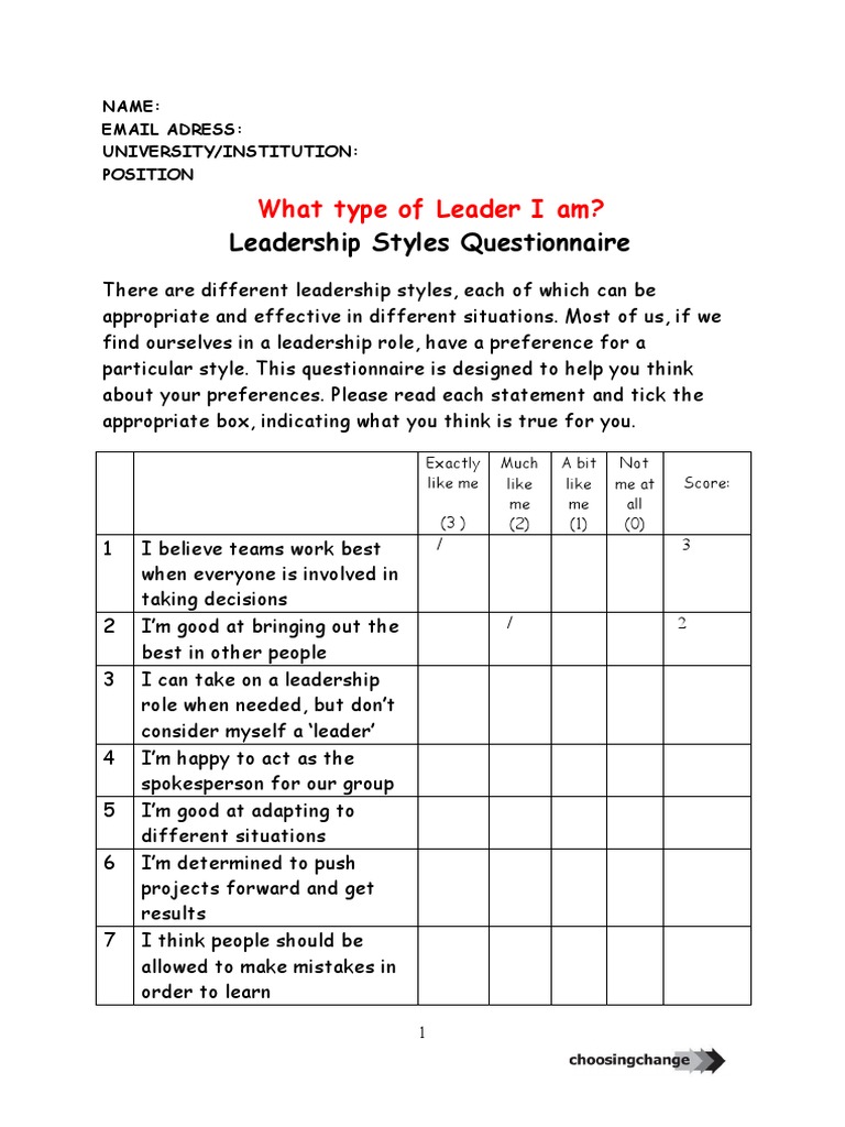 Leadership Styles Questionnaire Guide | PDF | Leadership ...