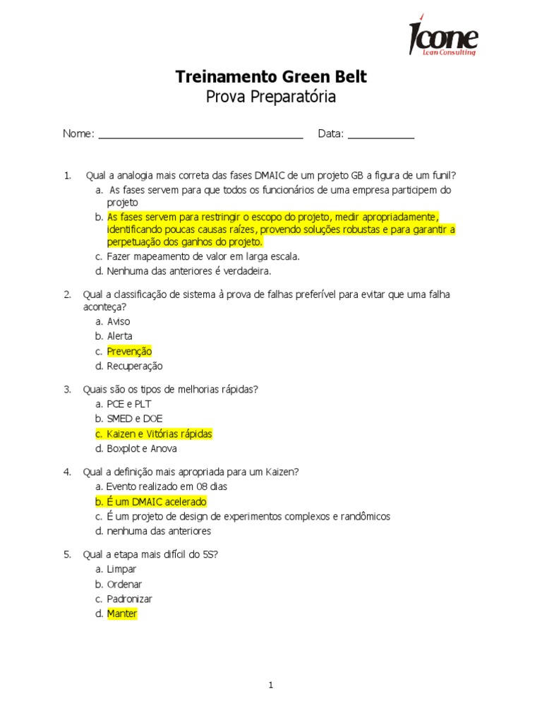 Treinamento Green Belt: Prova Preparatória | PDF | Seis Sigma | Tempo