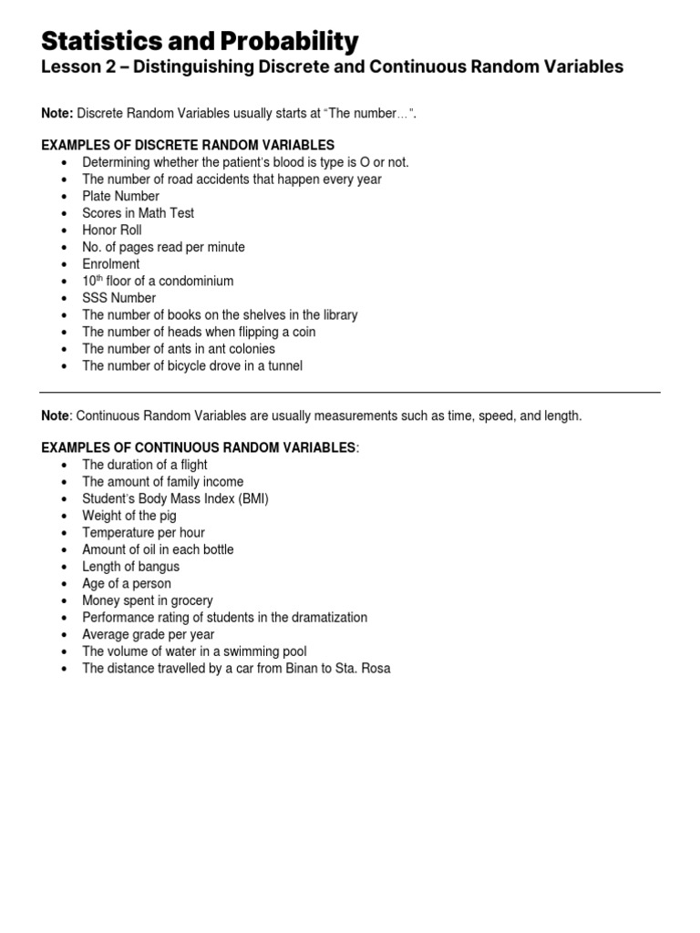 Lesson 2 - Distinguishing Discrete and Continuous Random Variable | PDF ...